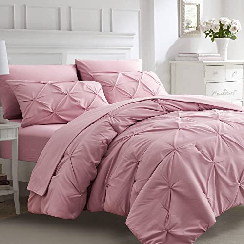 Ubauba Full Size Comforter Sets with Sheets-Pinch Pleating 7 Pieces Bed in a Bag Pink Bed Set with Comforters, Sheets, Pillowcases & Shams,Bedding Sets Full,(Pink,Full)