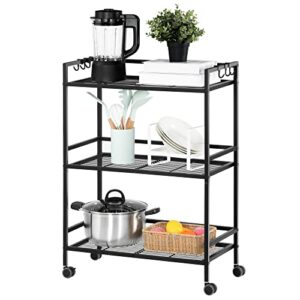 Hzuaneri 3-Tier Storage Racks - with 4 Wheels, Metal Industrial Standing Shelf Units with 6 Hooks, for Kitchen, Living Room, Bathroom, Entryway, Easy Assembly, Black SS02801B