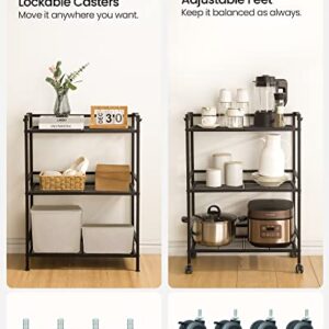 Hzuaneri 3-Tier Storage Racks - with 4 Wheels, Metal Industrial Standing Shelf Units with 6 Hooks, for Kitchen, Living Room, Bathroom, Entryway, Easy Assembly, Black SS02801B