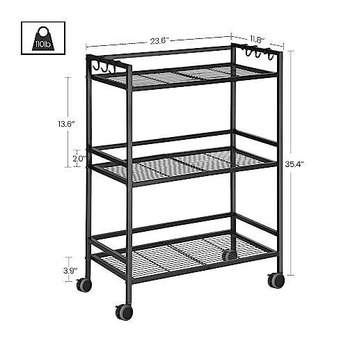 Hzuaneri 3-Tier Storage Racks - with 4 Wheels, Metal Industrial Standing Shelf Units with 6 Hooks, for Kitchen, Living Room, Bathroom, Entryway, Easy Assembly, Black SS02801B