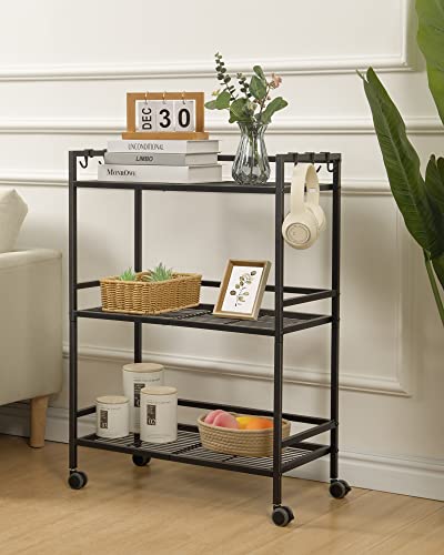 Hzuaneri 3-Tier Storage Racks - with 4 Wheels, Metal Industrial Standing Shelf Units with 6 Hooks, for Kitchen, Living Room, Bathroom, Entryway, Easy Assembly, Black SS02801B