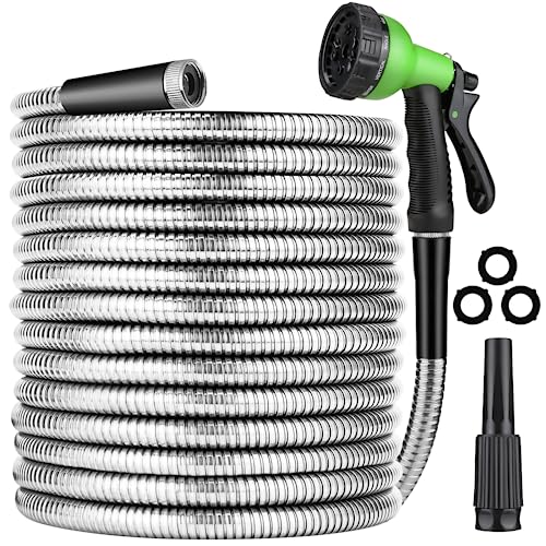 Metal Garden Hose 50ft, Stainless Steel Water Hose with 10 Function Sprayer Nozzle & Adjustable Nozzle, Rust Proof Kink Free & Tangle Free Flexible Water Pipe for Watering & Washing