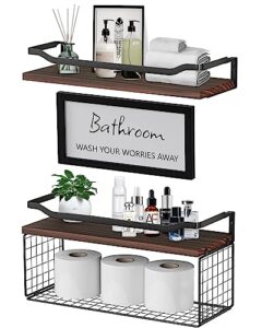 floating shelves for wall mounted, wood bathroom shelves over toilet with basket set of 2, bathroom wall décor shelves, decorative storage shelves for bedroom, living room, kitchen, plants –dark brown