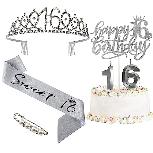 16th Birthday Decorations for Girls，Silver 16 Birthday Crown Tiara ，Cake Topper, Birthday Sash with Peal Pin and Birthday Candles Kit,16th Birthday Gifts for Girls