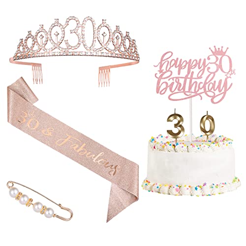 30th Birthday Decorations for Women，Rose Gold 30 Birthday Crown Tiara ，Cake Topper, Birthday Sash with Peal Pin and Birthday Candles Kit,15th Birthday Gifts for Women