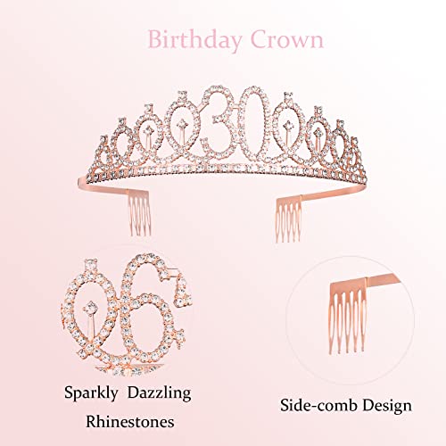 30th Birthday Decorations for Women，Rose Gold 30 Birthday Crown Tiara ，Cake Topper, Birthday Sash with Peal Pin and Birthday Candles Kit,15th Birthday Gifts for Women