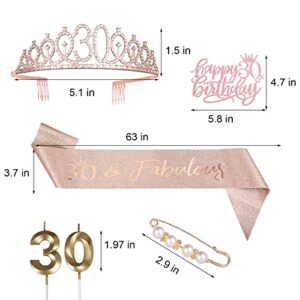 30th Birthday Decorations for Women，Rose Gold 30 Birthday Crown Tiara ，Cake Topper, Birthday Sash with Peal Pin and Birthday Candles Kit,15th Birthday Gifts for Women