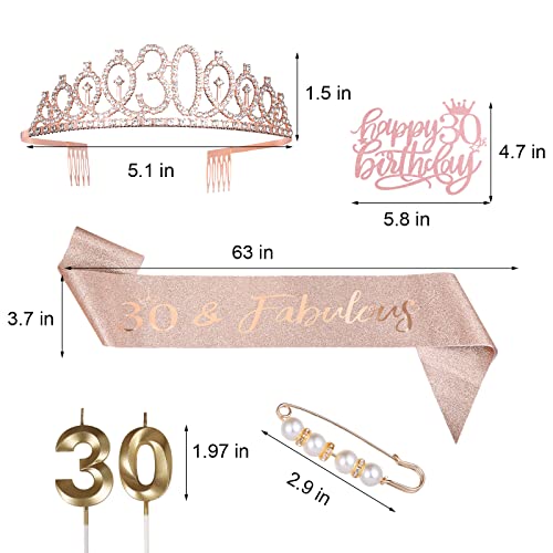 30th Birthday Decorations for Women，Rose Gold 30 Birthday Crown Tiara ，Cake Topper, Birthday Sash with Peal Pin and Birthday Candles Kit,15th Birthday Gifts for Women