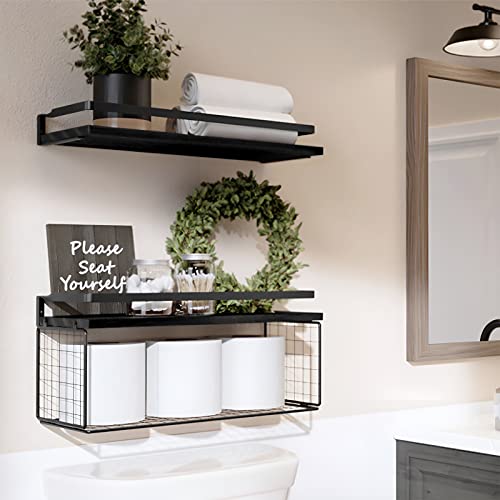 WXCGX Floating Shelves, Rustic Floating Shelves Wood Over Toilet with Paper Storage Basket, Farmhouse Wall Mounted Shelves Floating Shelf for Bathroom Bedroom Wall Decor Living Room Kitchen (Black)