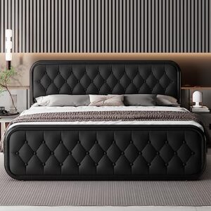 feonase king bed frame with rhombus button tufted, oval-shaped metal platform bed with faux leather headboard, strong slats support, 12" under-bed storage, noise-free, easy assembly, black