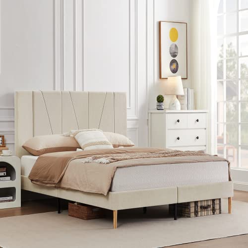 Flolinda King Size Bed Frame Upholstered Platform with Complete Headboard and Strong Wooden Slats, No Box Spring Needed, Easy Assembly,Beige