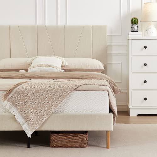 Flolinda King Size Bed Frame Upholstered Platform with Complete Headboard and Strong Wooden Slats, No Box Spring Needed, Easy Assembly,Beige