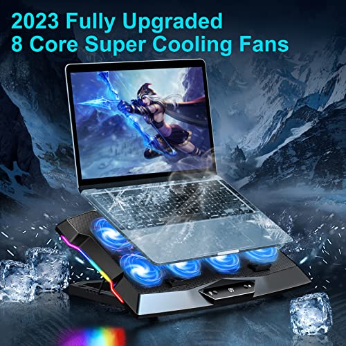 SATNK Gaming Laptop Cooling Pad with 8 Powerful Silent Cooling Fans, RGB Lights Laptop Cooler 12-16 Inch, Laptop Cooling Stand with 5 Adjustable Heights, 3 USB Ports,5ft (1.5m) Extra Long Cable