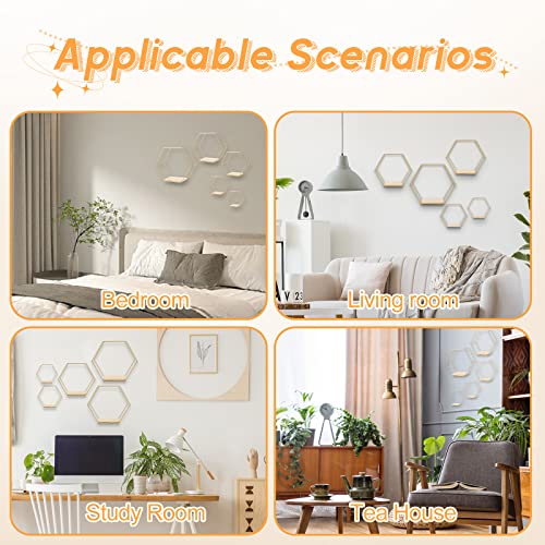 Wall Mounted Hexagonal Floating Shelves Set of 5 in Different Sizes, Modern Metal Wall Shelf, Simple Wood Partition Storage Shelves, Gold Wall Decor Rack for Bedroom, Living Room, Kitchen and Office