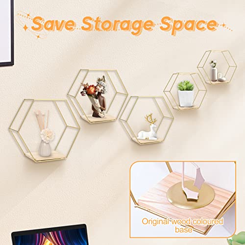 Wall Mounted Hexagonal Floating Shelves Set of 5 in Different Sizes, Modern Metal Wall Shelf, Simple Wood Partition Storage Shelves, Gold Wall Decor Rack for Bedroom, Living Room, Kitchen and Office