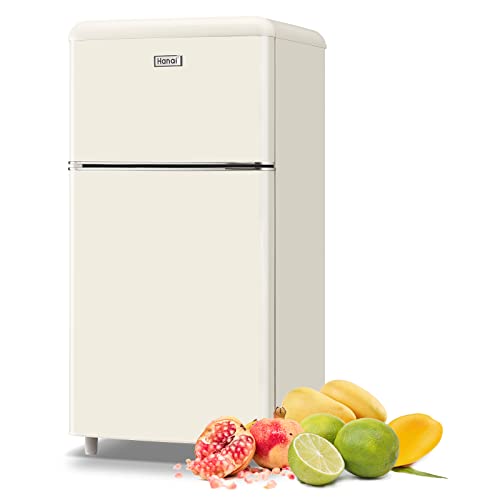 WANAI Mini Fridge with Freezer 3.5 Cu.Ft Compact Refrigerator with 7 Level Thermostat Two Door Portable Room Fridge with Removable Glass Shelves, Suitable for Kitchen Apartment Dorm Bar Redroom, Cream