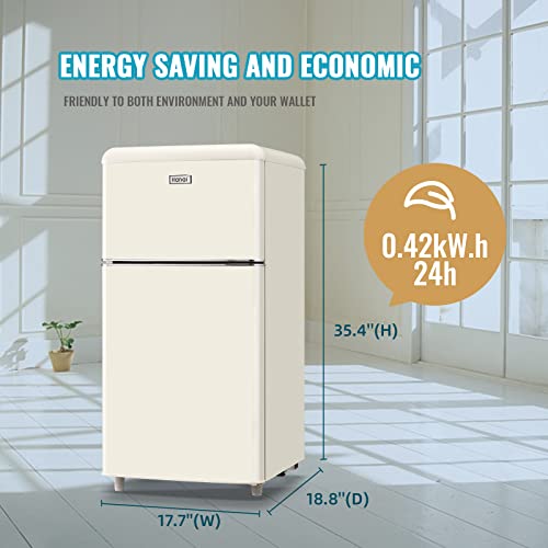 WANAI Mini Fridge with Freezer 3.5 Cu.Ft Compact Refrigerator with 7 Level Thermostat Two Door Portable Room Fridge with Removable Glass Shelves, Suitable for Kitchen Apartment Dorm Bar Redroom, Cream