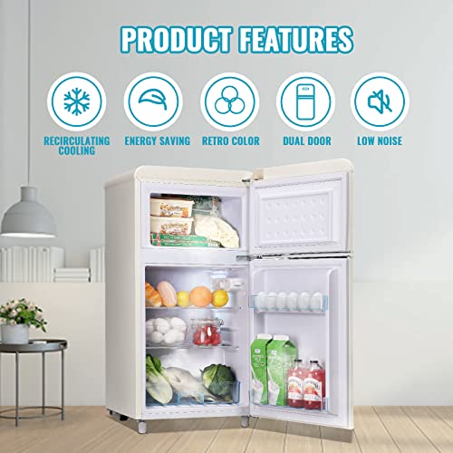 WANAI Mini Fridge with Freezer 3.5 Cu.Ft Compact Refrigerator with 7 Level Thermostat Two Door Portable Room Fridge with Removable Glass Shelves, Suitable for Kitchen Apartment Dorm Bar Redroom, Cream