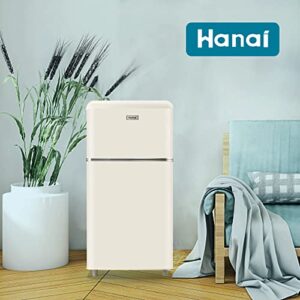 WANAI Mini Fridge with Freezer 3.5 Cu.Ft Compact Refrigerator with 7 Level Thermostat Two Door Portable Room Fridge with Removable Glass Shelves, Suitable for Kitchen Apartment Dorm Bar Redroom, Cream