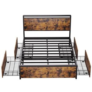 coucheta Queen Size Bed Frame with 4 Storage Drawer,Wood and Metal Bed Frame, No Box Spring Needed, Noise Free