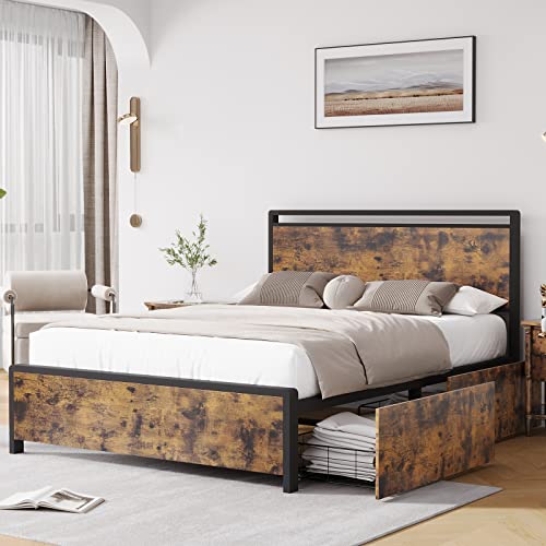 coucheta Queen Size Bed Frame with 4 Storage Drawer,Wood and Metal Bed Frame, No Box Spring Needed, Noise Free