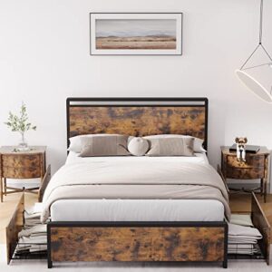 coucheta Queen Size Bed Frame with 4 Storage Drawer,Wood and Metal Bed Frame, No Box Spring Needed, Noise Free