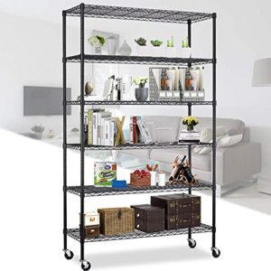 Wire Shelving Unit Storage Shelves 2100Lbs Capacity 6 Tier Metal Shelf with Wheels, NSF Adjustable Layer Rack Heavy Duty Steel Utility Shelf for Garage Kitchen Pantry Basement, Black 48"L×18"W×82"H