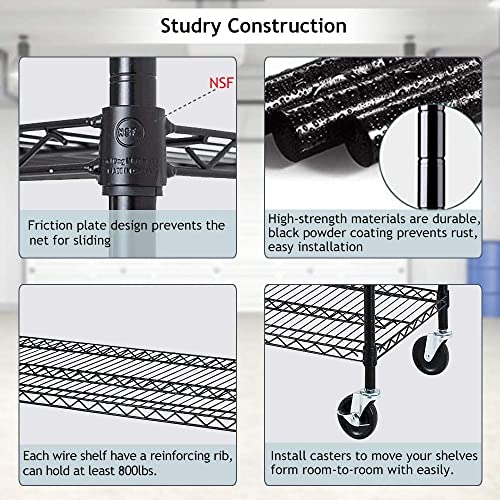 Wire Shelving Unit Storage Shelves 2100Lbs Capacity 6 Tier Metal Shelf with Wheels, NSF Adjustable Layer Rack Heavy Duty Steel Utility Shelf for Garage Kitchen Pantry Basement, Black 48"L×18"W×82"H