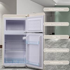 WANAI Compact Refrigerator 3.2 Cu.Ft Retro Cream Fridge With Freezer 2 Door Mini Refrigerator with 7 TEMP Modes, Removable Shelves, LED Lights, Ideal for Apartment Dorm and Office, Cream