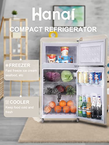 WANAI Compact Refrigerator 3.2 Cu.Ft Retro Cream Fridge With Freezer 2 Door Mini Refrigerator with 7 TEMP Modes, Removable Shelves, LED Lights, Ideal for Apartment Dorm and Office, Cream