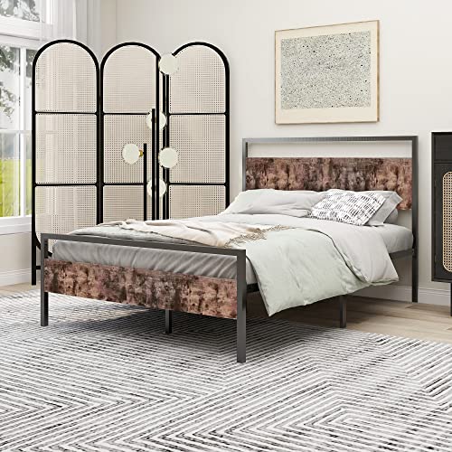 alazyhome Modern Industrial Full Size Bed Frame Metal Platform with Rustic Wooden Headboard and Footboard, No Box Spring Needed, Noise Free, Easy Assembly Black