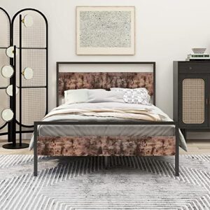 alazyhome Modern Industrial Full Size Bed Frame Metal Platform with Rustic Wooden Headboard and Footboard, No Box Spring Needed, Noise Free, Easy Assembly Black