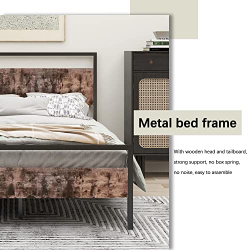 alazyhome Modern Industrial Full Size Bed Frame Metal Platform with Rustic Wooden Headboard and Footboard, No Box Spring Needed, Noise Free, Easy Assembly Black