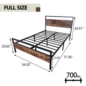 alazyhome Modern Industrial Full Size Bed Frame Metal Platform with Rustic Wooden Headboard and Footboard, No Box Spring Needed, Noise Free, Easy Assembly Black