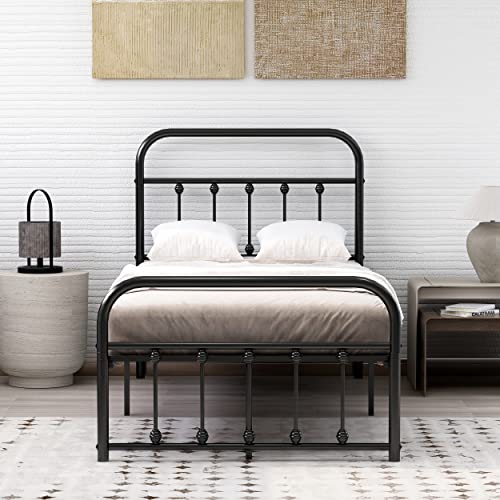 alazyhome Classic Metal Platform Twin XL Size Bed Frame Mattress Foundation with Victorian Style Iron-Art Headboard Under Bed Storage No Box Spring Needed Black