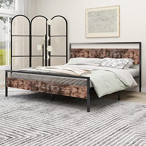 alazyhome Modern Industrial King Size Bed Frame Metal Platform with Rustic Wooden Headboard and Footboard, No Box Spring Needed, Noise Free, Easy Assembly Black