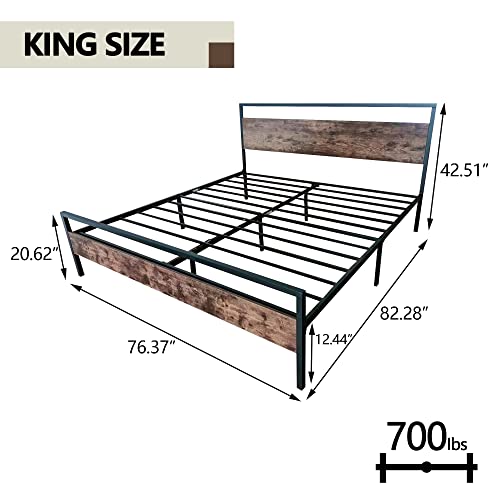 alazyhome Modern Industrial King Size Bed Frame Metal Platform with Rustic Wooden Headboard and Footboard, No Box Spring Needed, Noise Free, Easy Assembly Black