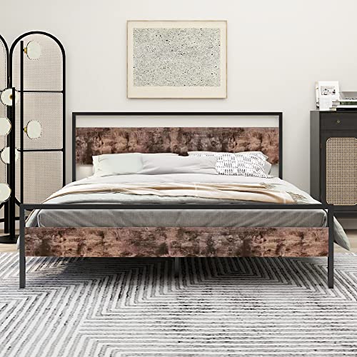 alazyhome Modern Industrial King Size Bed Frame Metal Platform with Rustic Wooden Headboard and Footboard, No Box Spring Needed, Noise Free, Easy Assembly Black