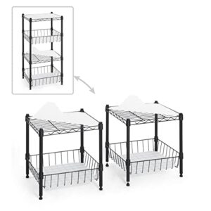 caphaus nsf adjustable 2 to 4 tier stackable wire shelving unit w/basket & liner, storage corner shelves, metal storage rack for kitchen, bathroom, laundry closet, wire shelving basket shelves black