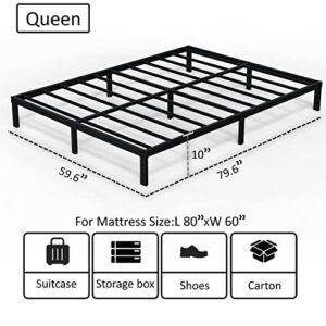 EMODA Queen Bed Frame No Box Spring Needed 10 Inch Heavy Duty Metal Platform BedFrame Queen Size with Steal Slats, Easy Assembly, Black