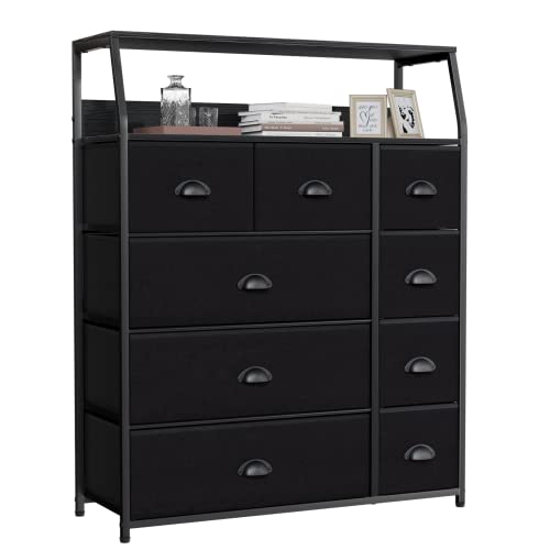 Furnulem 9 Drawer Dresser Large with Shelf, Tall Closet Storage Organizer for Bedroom, Fabric Storage Dresser, Wooden Top, Living Room, Entryway-Industrial Style (Black, 31.5"x11.4"x39.8")