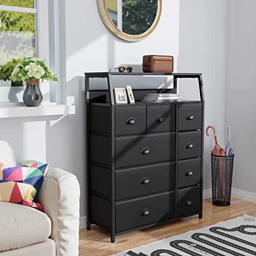 Furnulem 9 Drawer Dresser Large with Shelf, Tall Closet Storage Organizer for Bedroom, Fabric Storage Dresser, Wooden Top, Living Room, Entryway-Industrial Style (Black, 31.5"x11.4"x39.8")