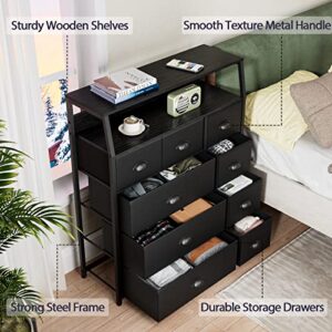 Furnulem 9 Drawer Dresser Large with Shelf, Tall Closet Storage Organizer for Bedroom, Fabric Storage Dresser, Wooden Top, Living Room, Entryway-Industrial Style (Black, 31.5"x11.4"x39.8")