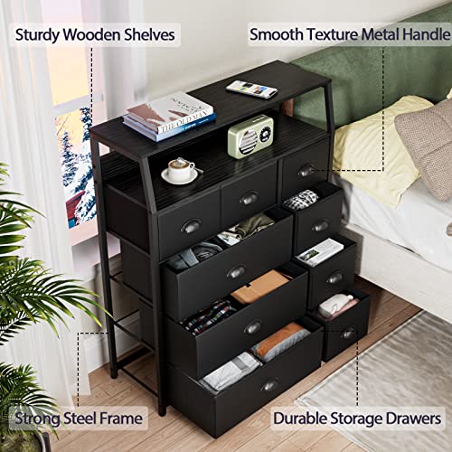 Furnulem 9 Drawer Dresser Large with Shelf, Tall Closet Storage Organizer for Bedroom, Fabric Storage Dresser, Wooden Top, Living Room, Entryway-Industrial Style (Black, 31.5"x11.4"x39.8")