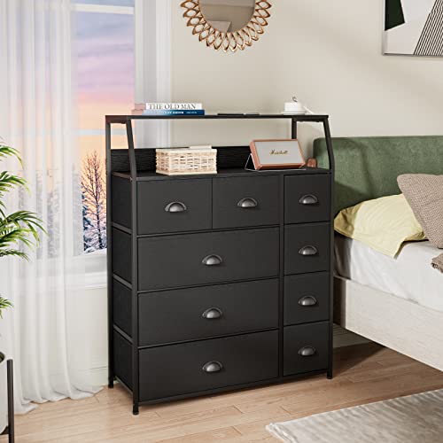 Furnulem 9 Drawer Dresser Large with Shelf, Tall Closet Storage Organizer for Bedroom, Fabric Storage Dresser, Wooden Top, Living Room, Entryway-Industrial Style (Black, 31.5"x11.4"x39.8")