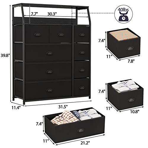 Furnulem 9 Drawer Dresser Large with Shelf, Tall Closet Storage Organizer for Bedroom, Fabric Storage Dresser, Wooden Top, Living Room, Entryway-Industrial Style (Black, 31.5"x11.4"x39.8")