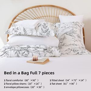 JANZAA Full Size Comforter Sets Bed in a Bag White Comforter Bedding Sets Floral Comforter Sets for All Season with Fitted Sheet Flat Sheet Pillow Cases and Shams 7 Piece