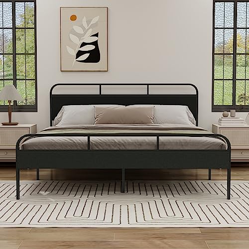 alazyhome Modern King Size Bed Frame, Metal Platform Bed with Linen Upholstered Headboard, Steel Slats Support, Noise Free, Under-Bed Storage, Easy Assembly, Black