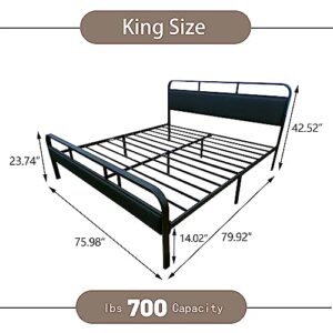 alazyhome Modern King Size Bed Frame, Metal Platform Bed with Linen Upholstered Headboard, Steel Slats Support, Noise Free, Under-Bed Storage, Easy Assembly, Black