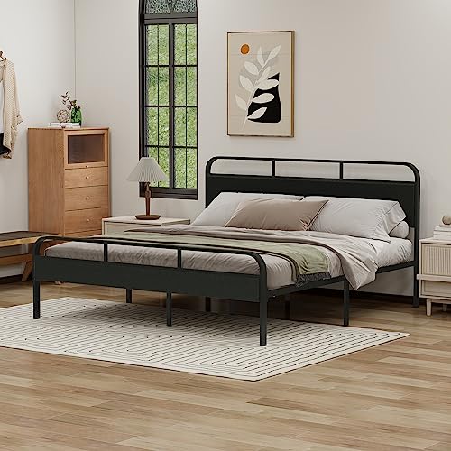 alazyhome Modern King Size Bed Frame, Metal Platform Bed with Linen Upholstered Headboard, Steel Slats Support, Noise Free, Under-Bed Storage, Easy Assembly, Black